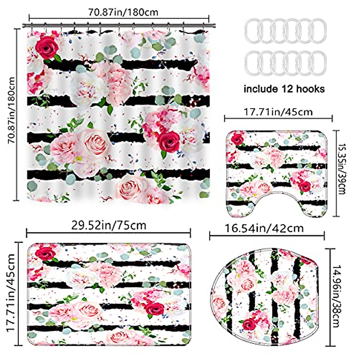 4 Piece Black White Stripes Pink Rose Flower Floral Modern Shower Curtains Sets with Non-Slip Rugs, Toilet Lid Cover and Bath Mat, Bathroom Sets with Shower Curtain and Rugs and Accessories