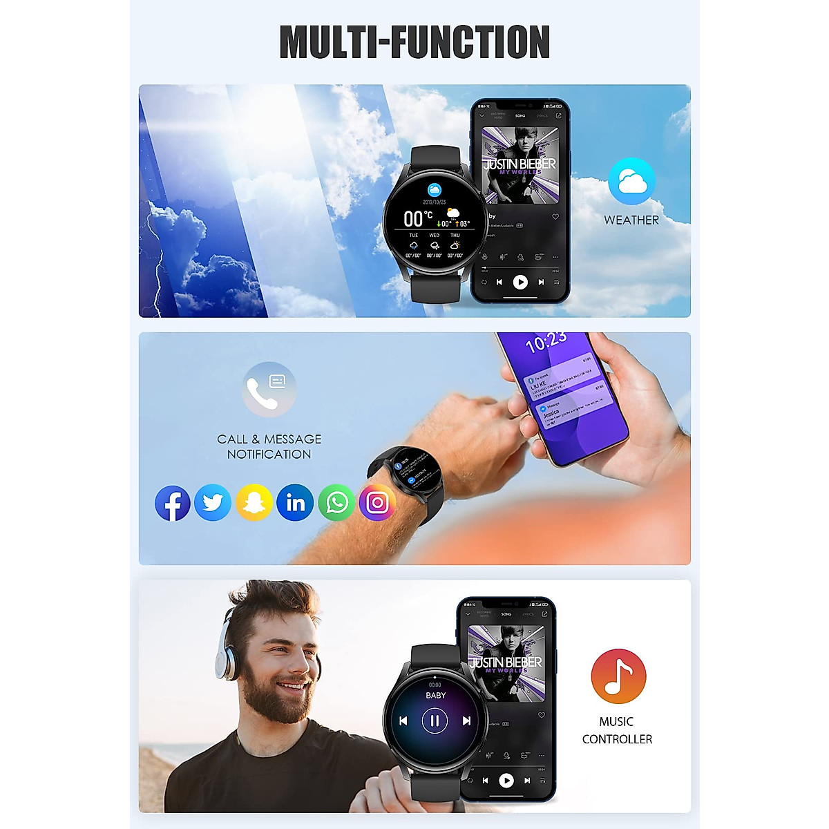 Smart Watch for Men 1.32 inch Full Touch Screen Fitness Tracker with Heart Rate Monitor Sleep Tracking Pedometer Watch Waterproof Smartwatch for iOS Android Phones (Black)
