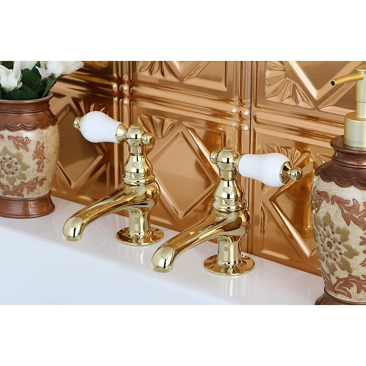 Kingston Brass CC5L2 Vintage Basin Faucet (1) CCPL1CSC (1) CCPL1CSH, 3-1/2 inch spout reach, Polished Brass