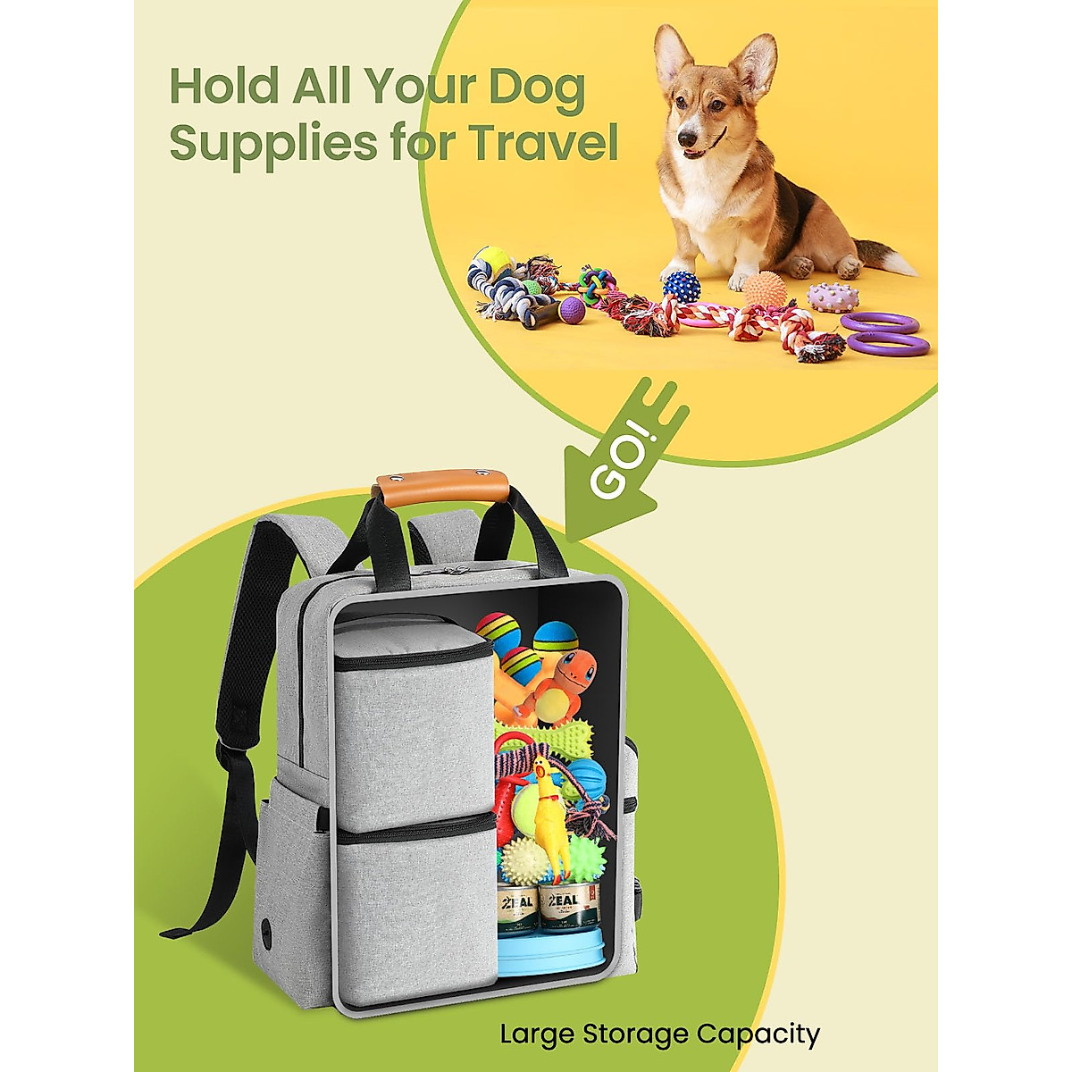 Dog Travel Bag, Airline Approved Organizer Backpack with Multi-Function Pockets, 25L Accessories Set with 2 Food Storage Containers, 2 Foldable Bowls for Weekend