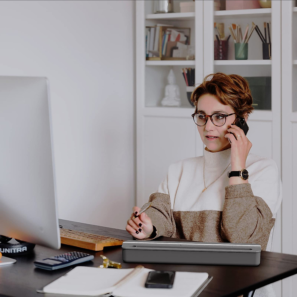 TOWON Small Tilted Desktop Glass Whiteboard, Notepad Computer Keyboard Stand with Dry Erase Board Surface, Desk Organizers with Accessories for Office, Home, School Supplies, Gray, 18 x 6 Inches