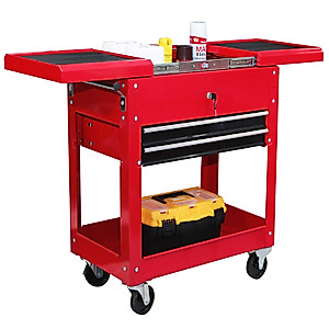 BIG RED ATC310R Torin Rolling Garage Workshop Tool Organizer: 2 Drawer Tool Chest Tray with Top Work Surface and Storage Push Cart, Red, 27.8" L x 14.6" W x 32.7" H