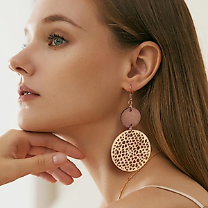 9 Pairs Boho Vintage Wooden Round Geometric Leather Earrings Retro Hollow Out Circle Earrings Big Lightweight Statement Jewelry Suitable for Women