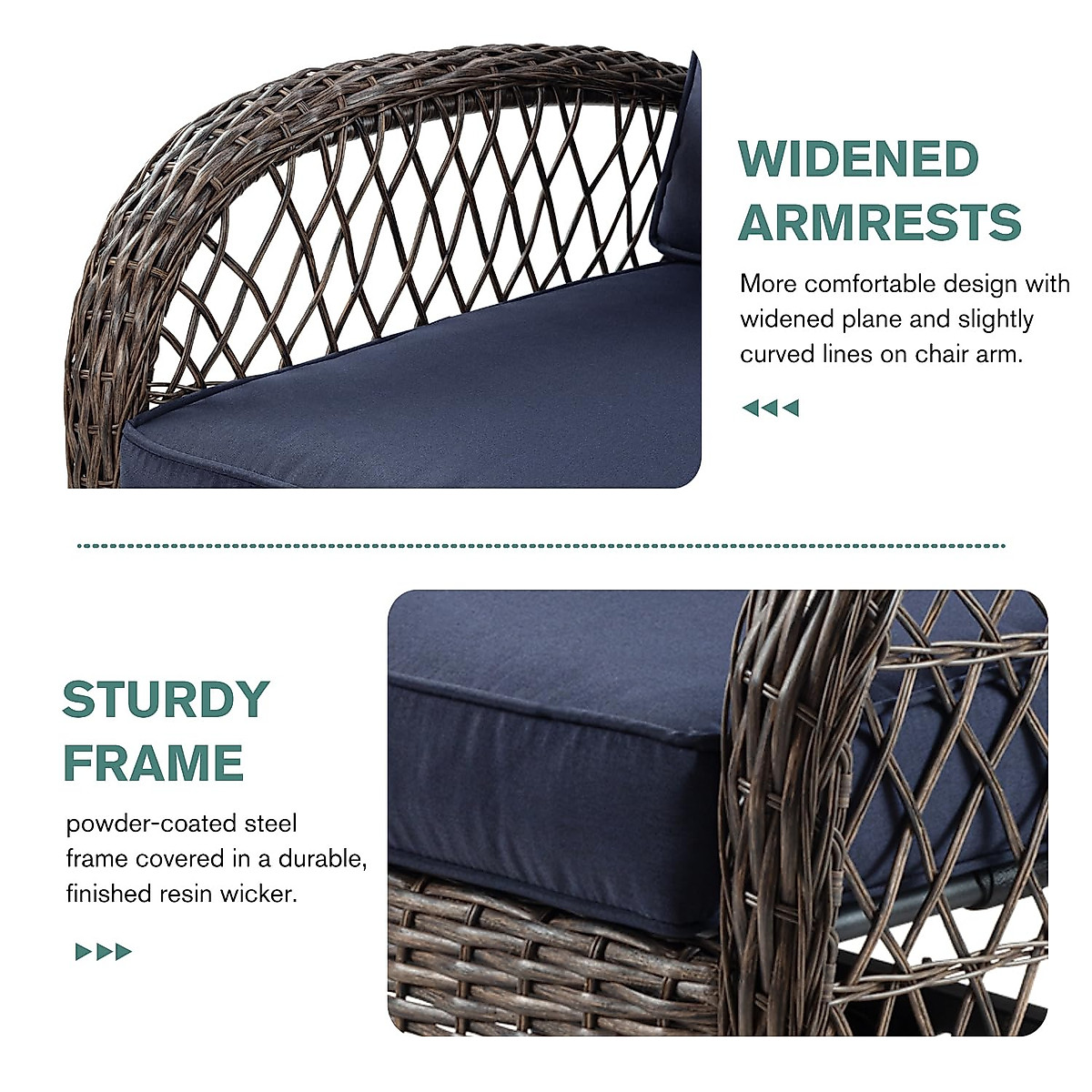 IMUsee Patio Furniture Set, 3 Pieces Swivel Rocking Chairs Outdoor Wicker Patio Bistro Set with Thick 4" Cushions, Brown & Blue