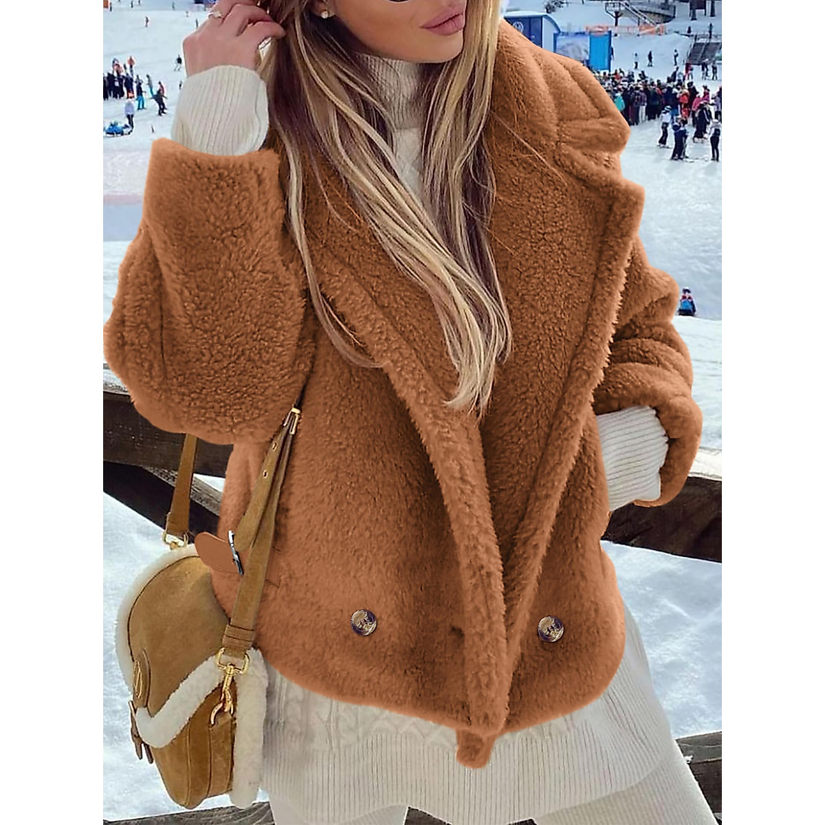 PRETTYGARDEN Womens 2024 Winter Fashion Sherpa Coats Lapel Fleece Jacket Long Sleeve Pockets Faux Fur Dressy Fall Outfits (Camel,Medium)