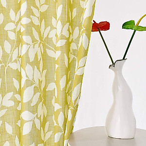 Treatmentex White and Yellow Leaf Curtains for Living Room 72" Length Print Semi-Sheer Curtains for Kitchen Windows, Mustard Yellow, Grommet Top, 2 Pack