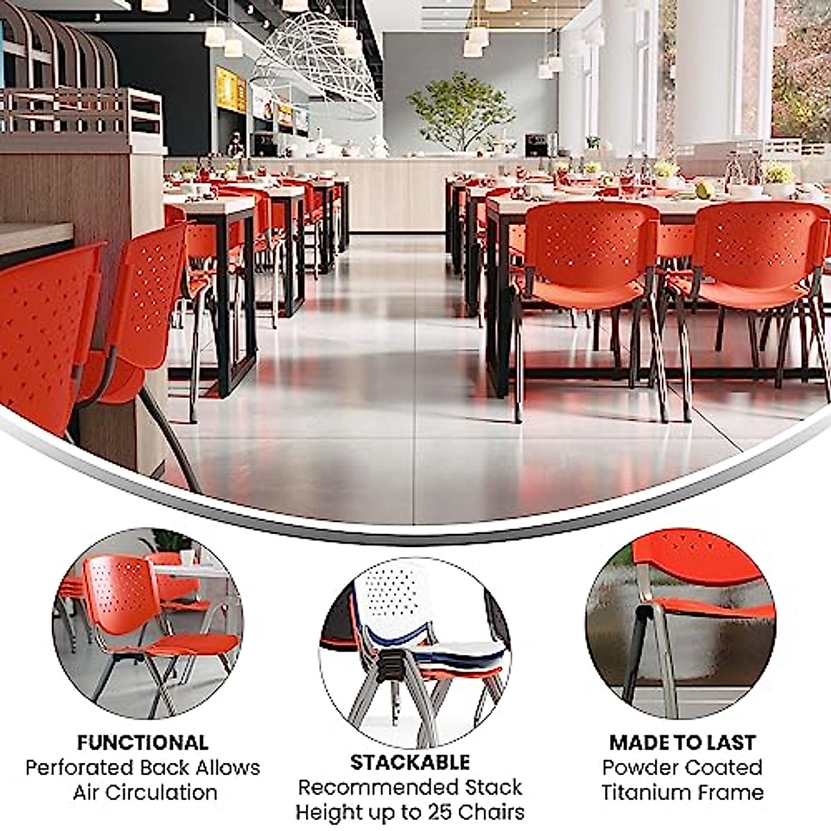 Flash Furniture HERCULES -5 Pack 880 lb. Capacity Orange Plastic Stack Chair | Comfortable Seating with Durable Design