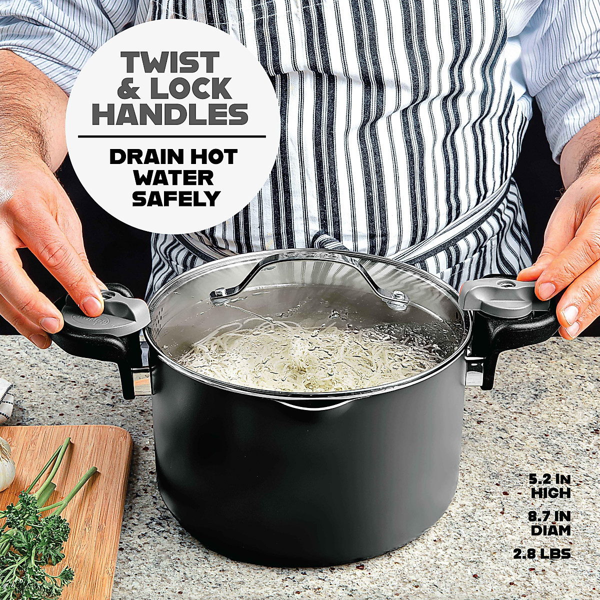 GOTHAM STEEL 5 Quart Stock Pot Multipurpose Pasta Pot with Strainer Lid & Twist and Lock Handles, Nonstick Cooking Pot + Pasta Strainer Pot with Lid, Spaghetti Pot, Oven/Dishwasher Safe - BLACK