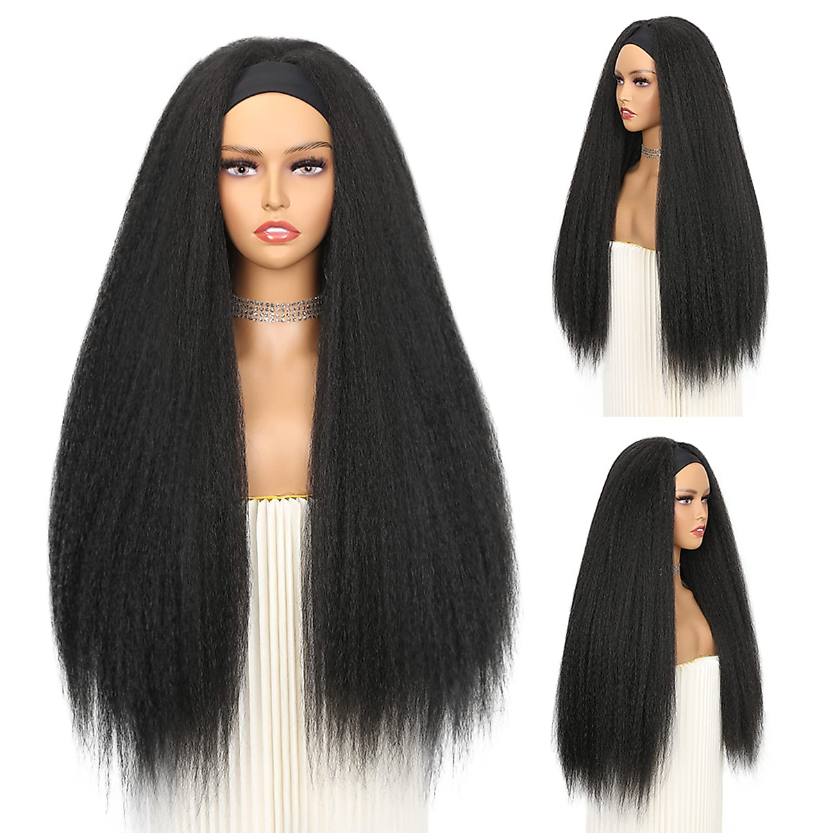 WIGNEE 26 Inches Kinky Straight Headband Wig for Women Yaki Straight Wigs with Black Headband Kinky Afro Wigs For Black Women