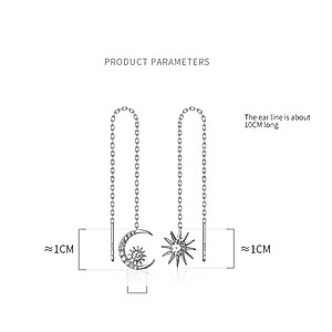 Crystal Crescent Moon Star Tassel Threader Chain Earrings S925 Sterling Silver Asymmetrical Dainty CZ Crystal Dangling Sun Long Chains Earring Jewelry for Women Girls (White Gold)