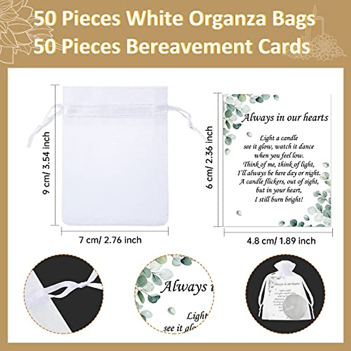 Coume 50 Set Funeral Favors Memorial Tealight Candles Unscented White Candles Funeral Gift Candles with Condolence Bereavement Cards and Organza Bags for Guest Furneral Party (Artsy)
