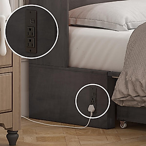 PUREMIND Murphy Bed Cabinet with Built-in Charging Station and Storage Drawer, Solid Wood Cabinet Bed Queen Size with Mattress, Murphy Cube Chest Bed for Guest Room, Home, Office,Gray