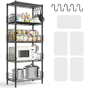 REIBII 5-Tier Storage Shelves Wire Shelving Unit with Side Blockers Adjustable Metal Shelves for Storage Rack with 5 Hooks & Shelf Liners Metal Shelving for Small Space, Kitchen Bathroom Closet Pantry