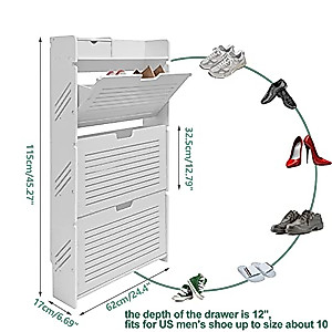 foriy Shoe Cabinet for Entryway Slim 7" Thick Hidden Shoe Storage with 3 Flip Drawers Free Standing Narrow Shoe Cabinet Rack Organizer with Pull-Down Flip Doors Adjustable Shelves Louvered Doors White