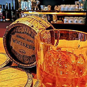 5pc Whiskey Bourbon Barrel Drink Coasters, Unique Bar Decor & Accessories, Beer & Whiskey Glass Coaster - Home Decorations for Dining Room or Home Bar - Modern Coaster Set with Holder for Man Cave
