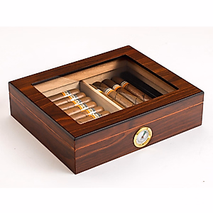 Handmade Humidor up to 25 Corona-Size Cigars, Glass Top Cigar Humidor Box, 100% Spanish Cedar Wood, Luxury Desktop Humidor with Hygrometer and Humidifier, High Gloss Walnut Finish.
