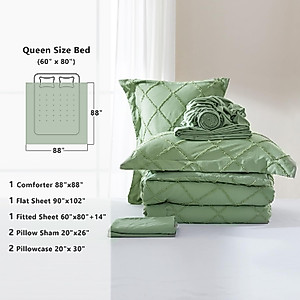 Gotroolhome Sage Green Queen Comforter Set - 7 Pieces ，Boho Tufted Shabby Chic Bedding Comforter Set, Bed in a Bag for All Seasons, with Comforter, Sheets, Pillowcases & Shams