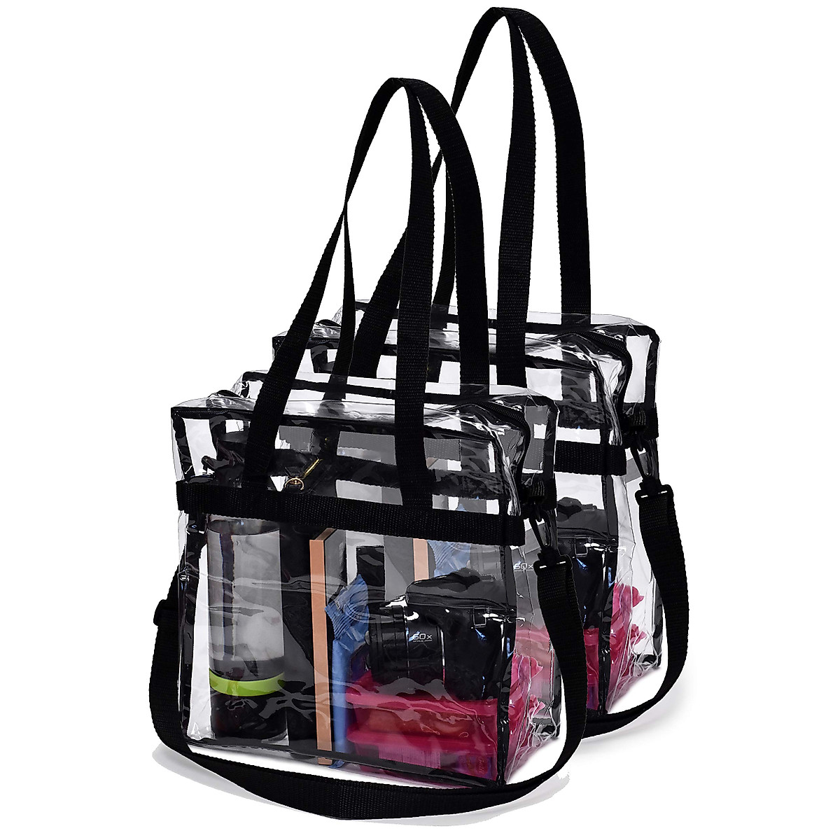 Handy Laundry Clear Tote Bag Stadium Approved - 2 PACK - Shoulder Straps and Zippered Top. Perfect Clear Bag for Work, School, Sports Games and Concerts. Meets Tournament Guidelines. (Black)