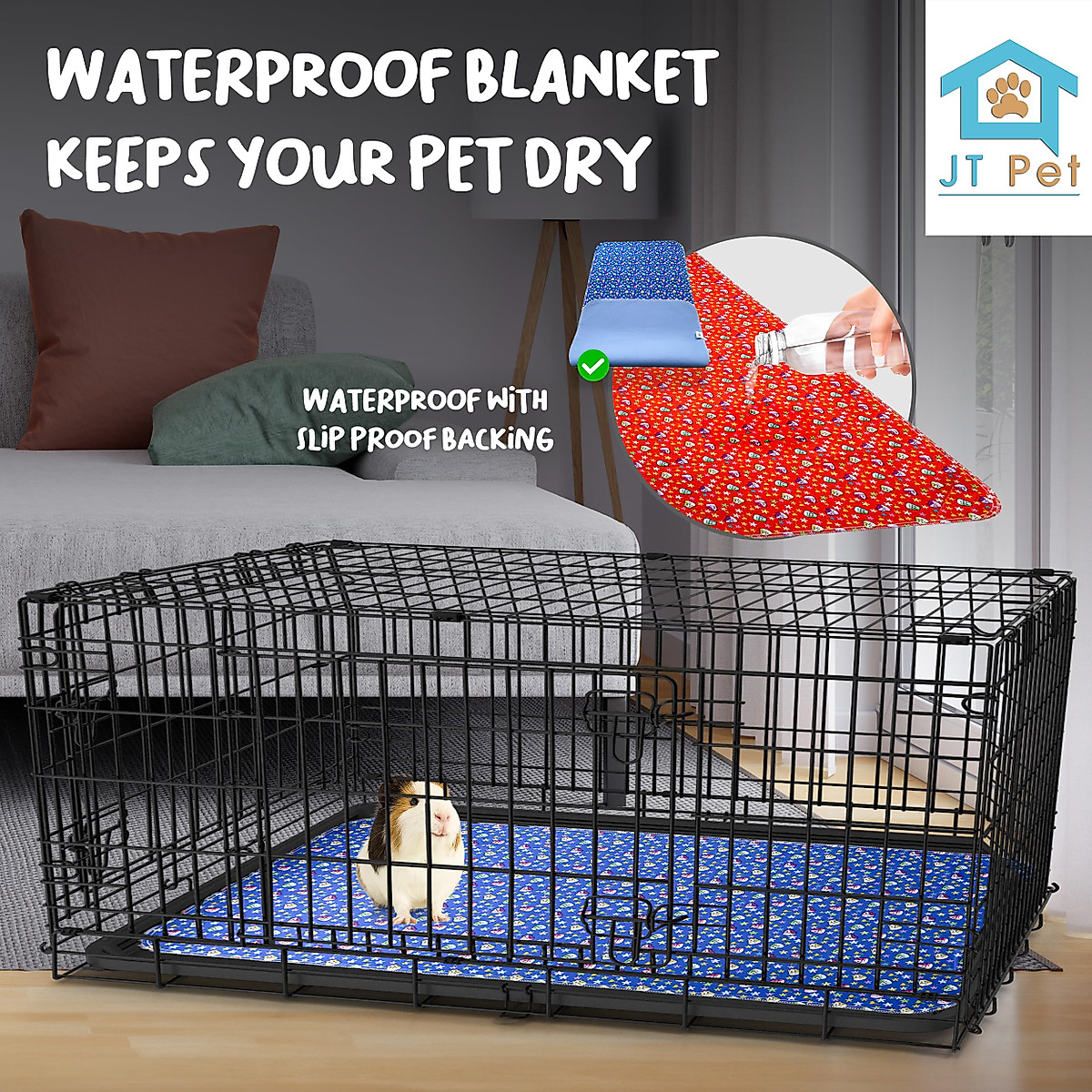 JT Pet Guinea Pig Cage Liner Fleece Cage Liners Puppy Pads Washable Reusable Waterproof Pee Pads Hamster Bedding Extra Large Dog Crate Lining (Set of 4 - 47" x 24") (Blue Red Piggies)