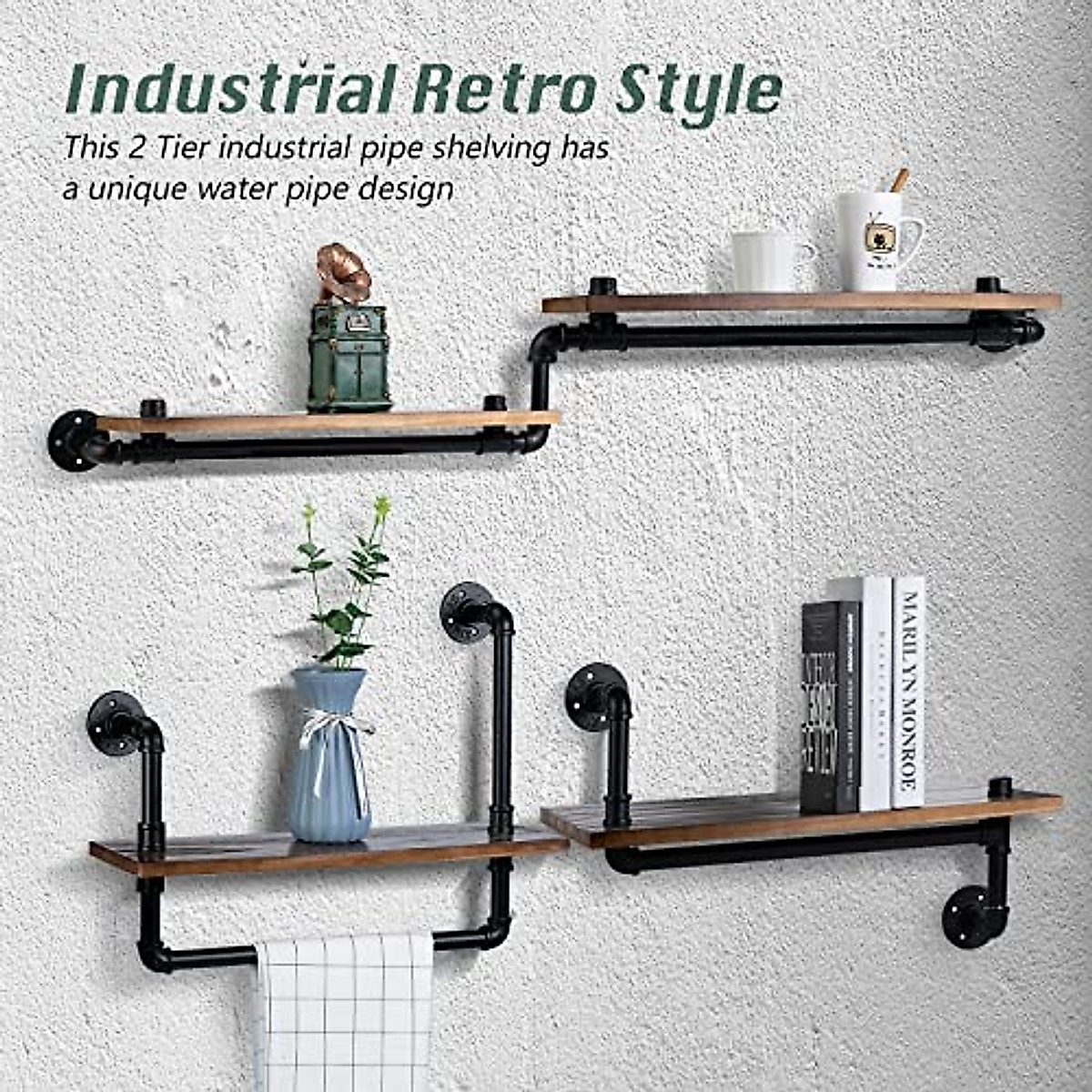 Self Control Industrial Retro Wall Mounted Pipe Shelving Brackets,Rustic Metal DIY Floating Shelves,Wall Shelf Unit Bookshelf,Hanging Iron Wall Decor for Kitchen,Office,Living Room,Bedroom (1-U-Tier)