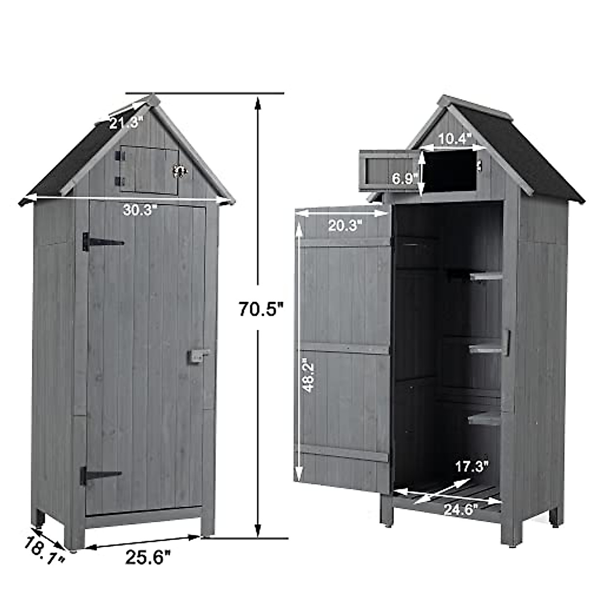 RITSU Outdoor Storage Cabinet Tool Wooden Shed for Storing Mower Hose, Backyard Garden Shed for Tools, Spacious Space Waterproof Roof Bin Outside Furniture, 31" x 21" x 71" H, Gray