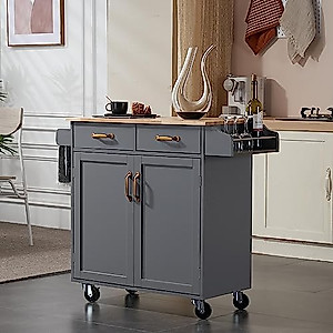 APDYNE Two Door Two Roll Out Kitchen Cart and Storage Cabinet, Rubber Wood Gray Paint Dining Car 99.5 * 40 * 85.5cm, Towel Rack, Adjustable Rack, and Lockable Wheels
