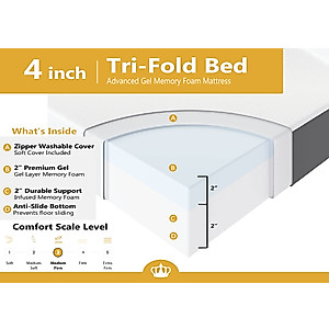 DynastyMattress Foldable Mattress Bed Gel Memory Foam, Trifold Mattress 4 Inch, Portable Topper & Washable Cover, Sofa, Couch, Guests, Camping, RV Traveling, Queen Size - 58”x 78”x 4” (USA Made)