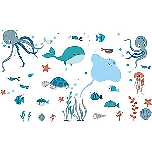 Ocean Fish Wall Decals Under The Sea Wall Decals Stickers with Whale Octopus Stingray Sea Stars Turtle Shells and Sea Kelps for Kids Room Daycare Classroom Playroom