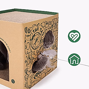 Cat Cardboard House with 2 Story Scratch Pads Cat Play House for Indoor Cats Corrugated Scratcher Box Cat Scratching Toy for Cat Birthday, Hideout for Bunny Small Animals.