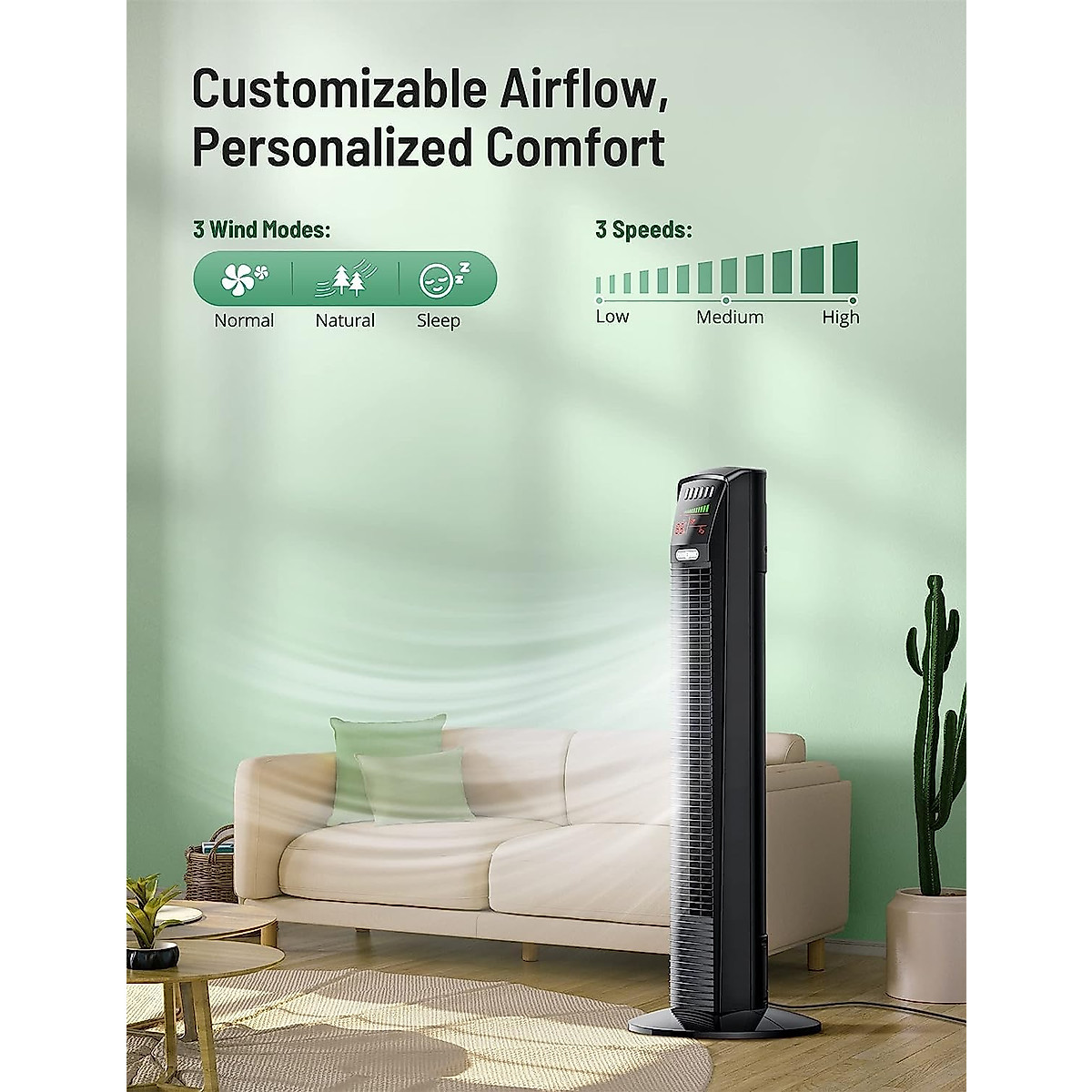 PARIS RHÔNE Tower Fan, Oscillating Quiet Cooling Fan with Remote, Digital Thermostat,12H Timer, 3 Speeds & 4 Modes, Portable Stand Up Floor Bladeless Fan for Bedroom, Living Room, Kitchen, Office