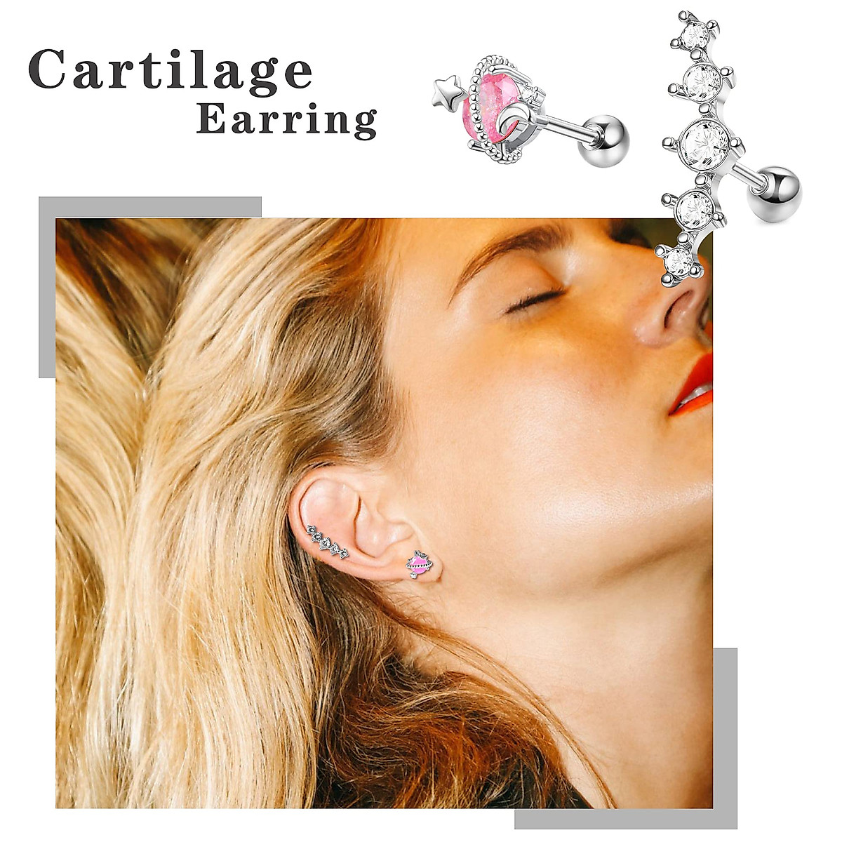 Sanfenly 11Pcs 16G Cartilage Earrings Studs Stainless Steel CZ Forward Helix Tragus Stud Earring Cute Butterfly Moon and Star Cartilage Daith Conch Ear Piercing Jewelry for Women