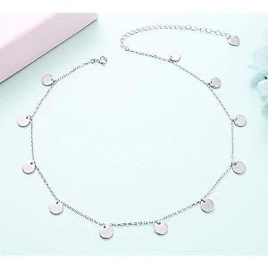 Sterling Silver Jewelry Dot Choker Necklace Round Circle Pendant Disc Chain Statement Necklace For Women