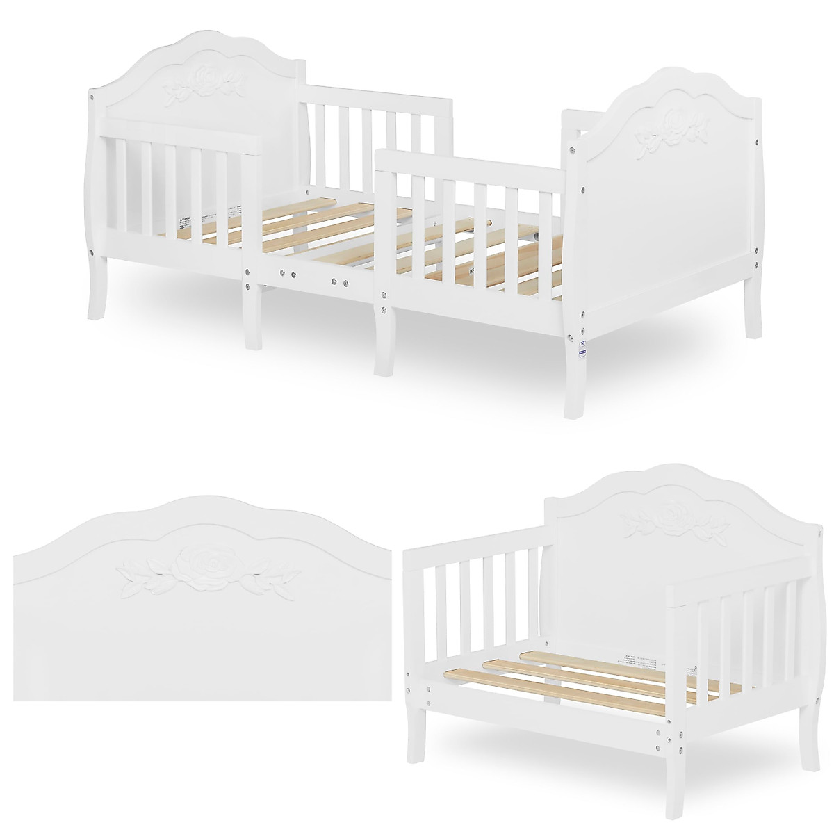 SweetPea Baby Rose 3-in-1 Convertible Toddler Bed in White, Greenguard Gold Certified, JPMA Certified, Safety Rails, Made of Sustainable New Zealand Pinewood