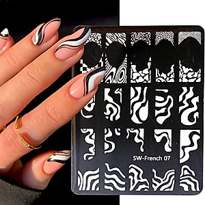 7 Sheets French Line Nails Art Stamping Plate Geometrical Wave Line Drawing Templates Flower Love Lace Stamp Mold Manicure Valentine's Day Design Decoration Nails Gel Printing Charm for Stencils Tools