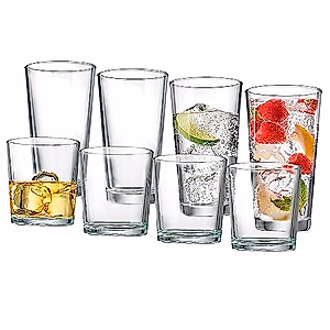Glaver's Drinking Glasses Set of 8 Mixed Glassware Set, 4 Highballs 17 Oz., 4 Whiskey Glasses 13 Oz., Great For Cocktail Whisky and other Beverages. Dishwasher Safe.
