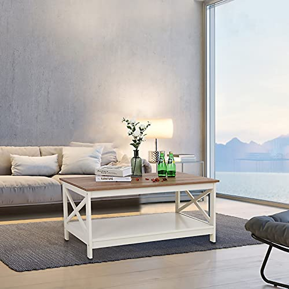 Sophia & William Coffee Table Farmhouse Cocktail Table with Storage Shelf, Wood Look Accent Furniture for Living Room, Ivory