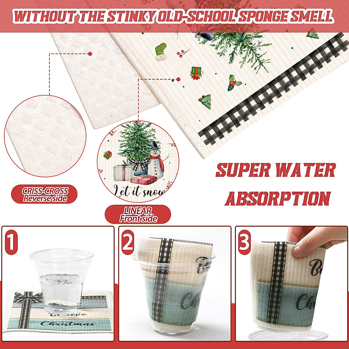 6 Pieces Christmas Swedish Kitchen Table Dishcloths Reusable Christmas Dish Towels Absorbent Cleaning Cloth Fast Dry Kitchen Dishcloth with Santa, Snowman, Christmas Tree, Deer (Black White, Tree)