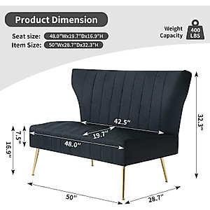 WQSLHX 50’’ Velvet Modern Armless Loveseat Sofa, Upholstered Small Wingback Couch Sofa with Golden Metal Legs, 2 Seater Tufted Couch for Bedroom, Apartment Small Space, Black