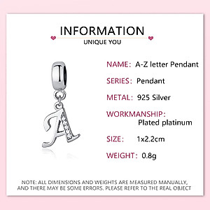 WKLQLQ 925 Sterling Silver Plated Platinum Letter Charm Beads A-Z Initial Charms for Bracelets Compatible With Pandora Bracelet DIY Alphabet Pendant. (Letter A)