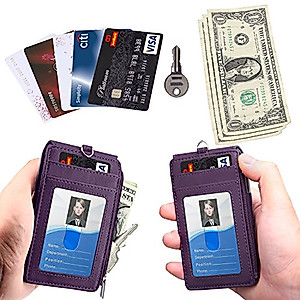 ELV Badge Holder with Zipper, PU Leather ID Badge Card Holder Wallet with 5 Card Slots, 1 Side RFID Blocking Pocket and 20 inch Neck Lanyard Strap for Offices ID, School ID, Driver Licence (Purple)