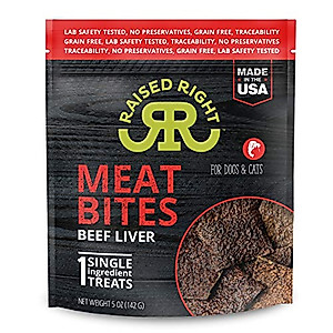 Raised Right Beef Meat Bites, Single Ingredient Liver Treats for Dogs & Cats - 5 oz. Bag
