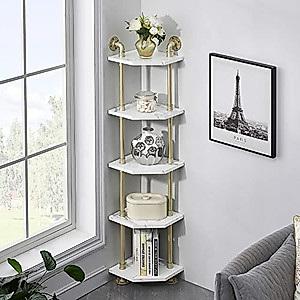 ivinta Corner Bookshelf with Storage, Wall Mount Pipe Shelves, White Corner Shelf Stand, Gold Metal Décor Bookcase, Modern Shelf Organizer Display Stand Rack for Bedroom, Bathroom, Living Room
