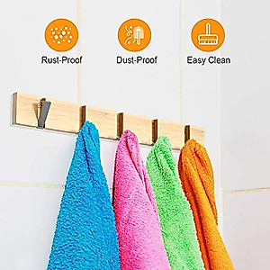 Anjuer Coat Hanger Wall Mounted Clothes Rack 5 Retractable Hooks Heavy Duty Clothes Hat Holder Bamboo Board Silver Hooks