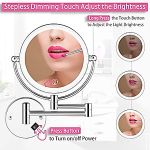 AMZNEVO Wall Mounted Lighted Makeup Mirror, 8 Inch Double-Sided 1X 5X Magnifying Mirror for Bathroom, 11'' Extendable Arm, 360° Swivel, Touch DimmableLED Lights, Powered by Plug in, Chrome