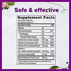 Zarbee's Elderberry Gummy Daily Immune Support Supplement with Vitamins A, C, D, E & Zinc, Black Elderberry Fruit Extract, Natural Berry Flavor, 42 Count