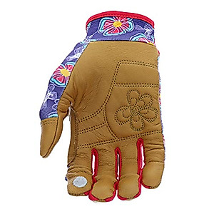 Miracle-Gro MG86212 Durable Fit Gloves – [Tan/Purple Floral Print, Medium/Large], Goatskin Leather Palm Gloves