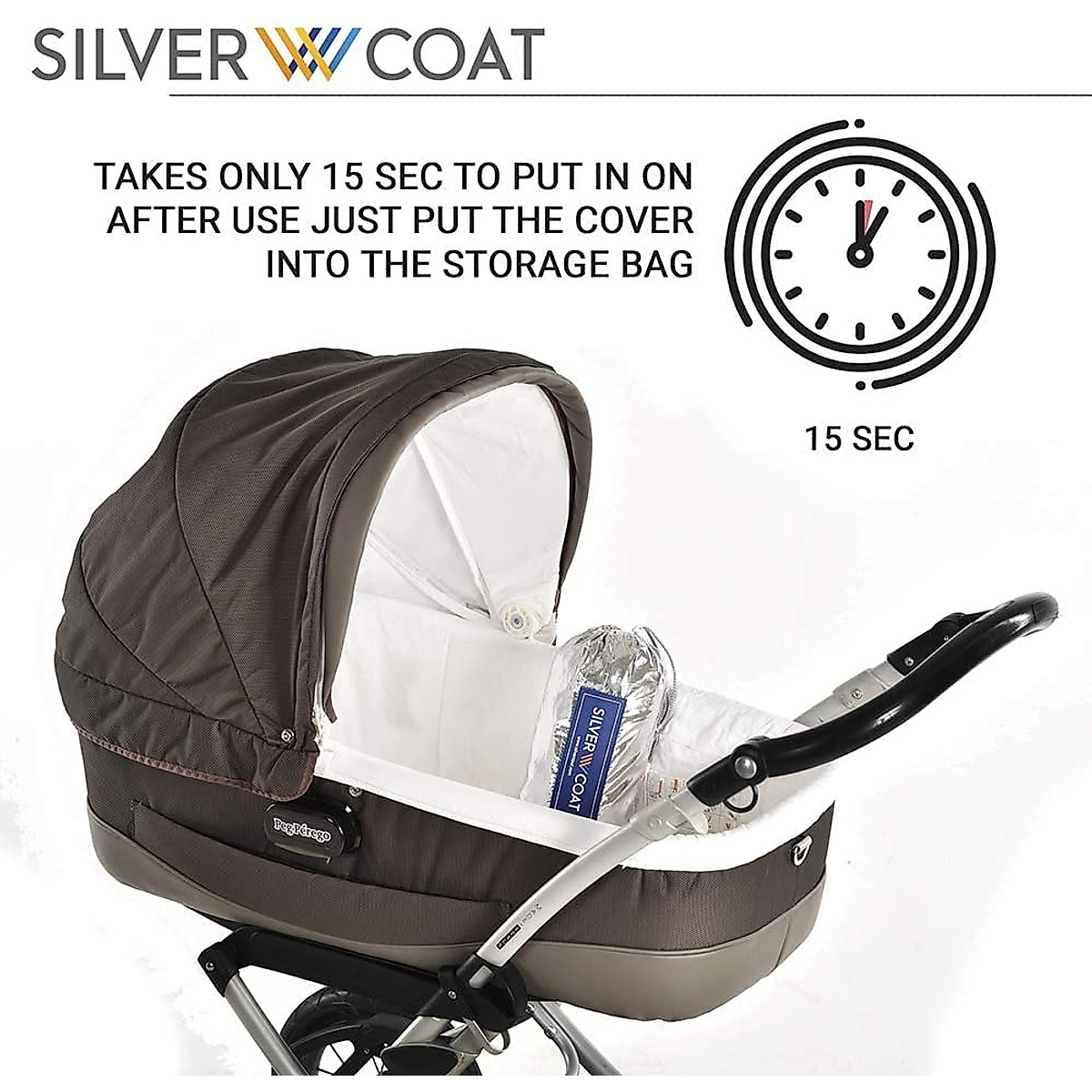 Silver Coat Heat Blocking Adjustable Sun Reflective All-weather Cover for the baby stroller body which reduces in half inside it. Also it’s a waterproof dustproof snowproof cover,
