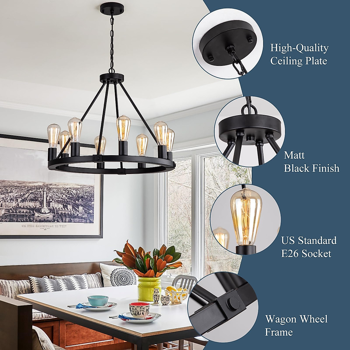 9MMML 23.6" 8 Lights Wagon Wheel Chandelier,Black Metal Round Industrial Vintage Kitchen Island Pendant Light for Living Dining Room Foyer Entryway,Height Adjustable,E26.