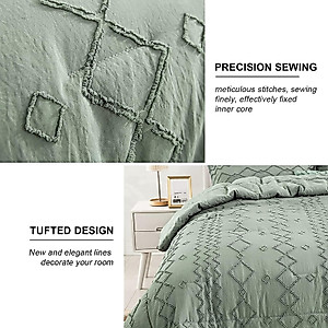 WONGS BEDDING Green Tufted Comforter Set Full Size (80×90 inches), Boho Shabby Chic Comforter Geometry Embroidery Bedding Set 3 Pieces Soft Microfiber Comforter for All Seasons