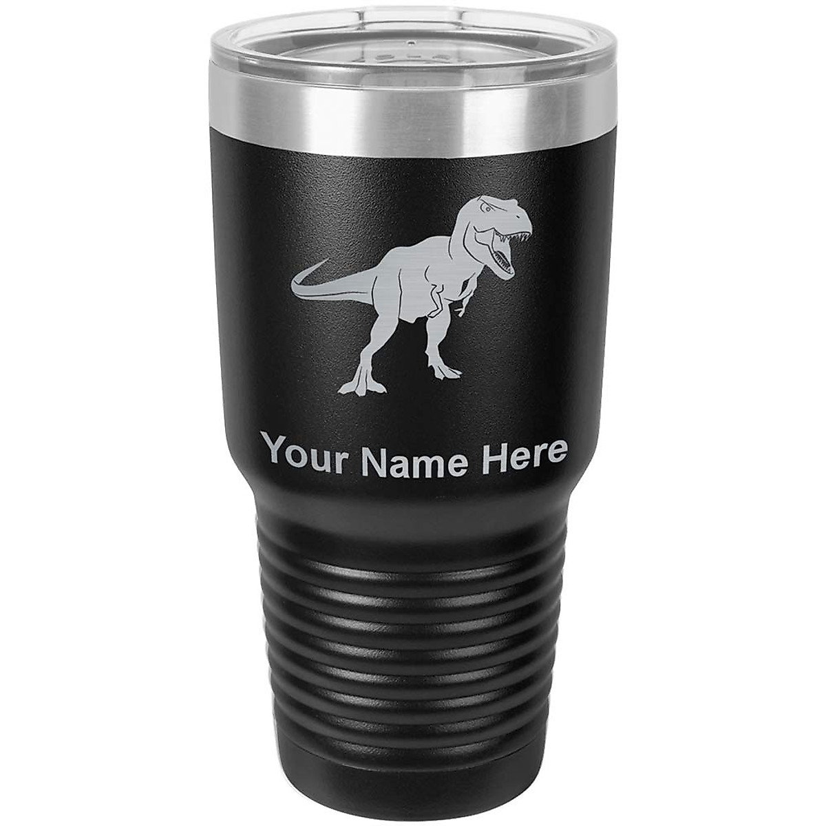 LaserGram 30oz Vacuum Insulated Tumbler Mug, Tyrannosaurus Rex Dinosaur, Personalized Engraving Included (Black)